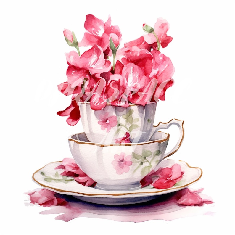 Set of Vintage Teacup Watercolor 16 High-quality Jpgs That Can Be Used ...