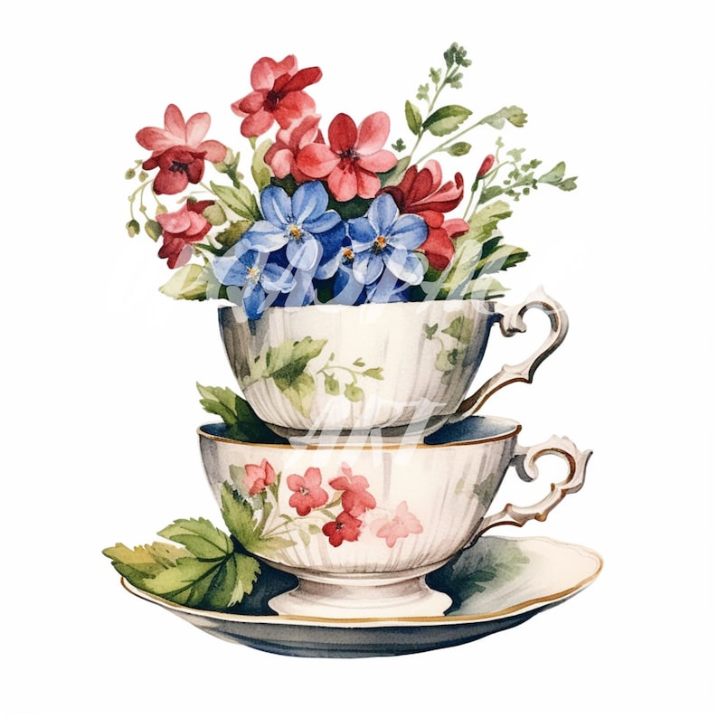 Set of Vintage Teacup Watercolor 16 High-quality Jpgs That Can Be Used ...