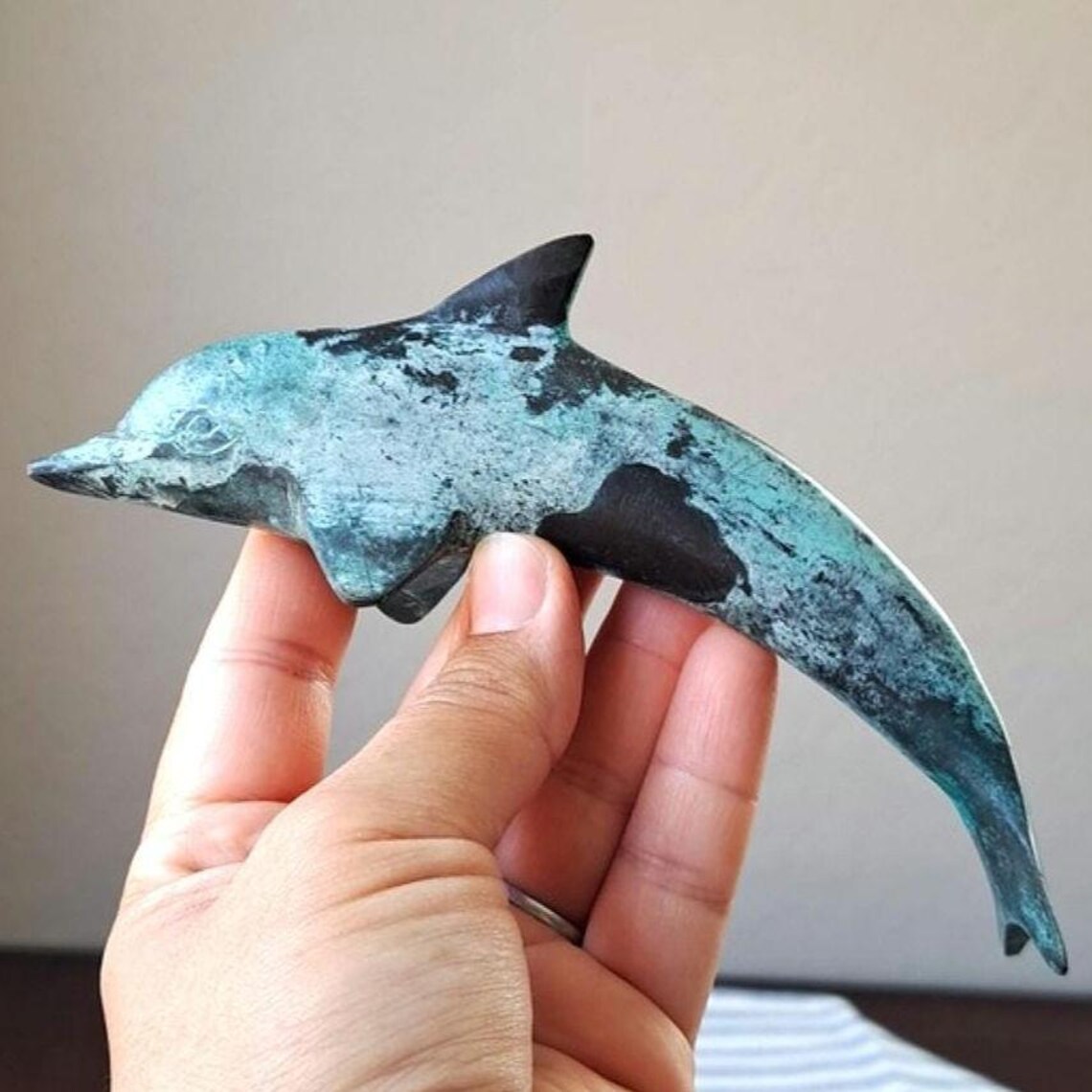 Vintage Bronze Patina Dolphin Sculpture Figure 6, Hollow, Green Blue ...