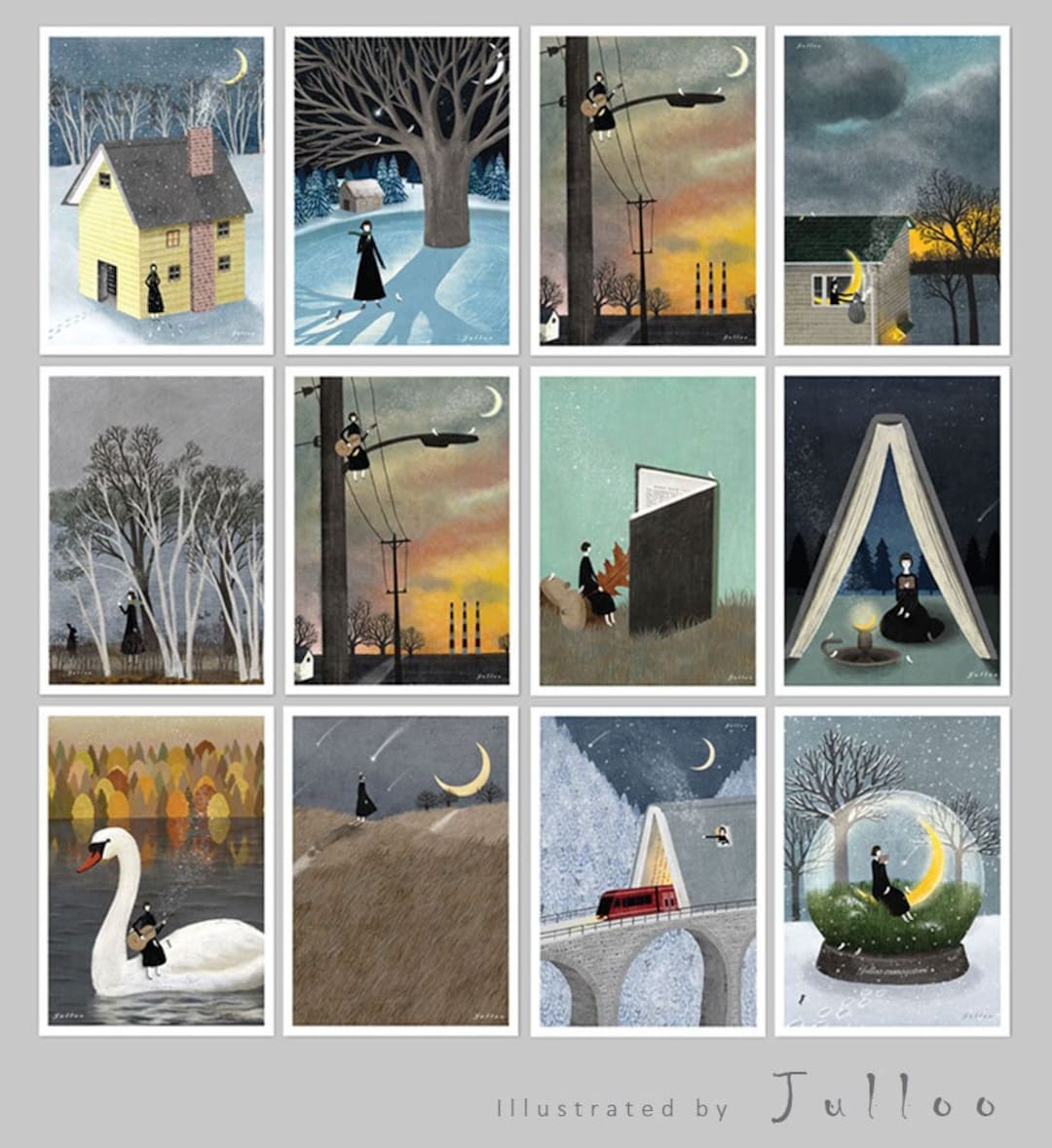 12 Postcards Set, Illustrated Postcard, Handmade Art Prints, Postcard ...