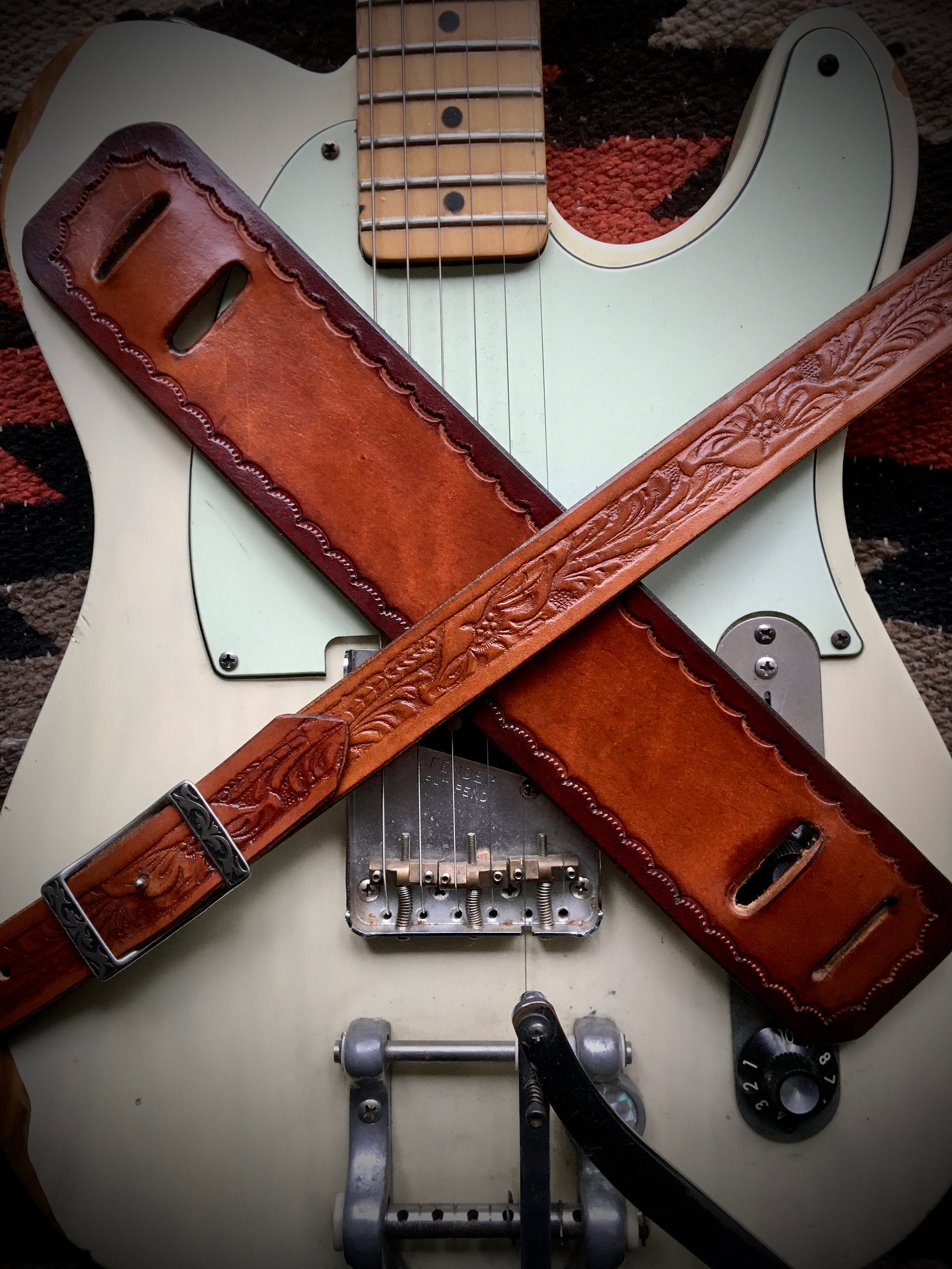 Vintage Style Leather Guitar Strap, Western sheridan Motifbrown 2 Tone ...