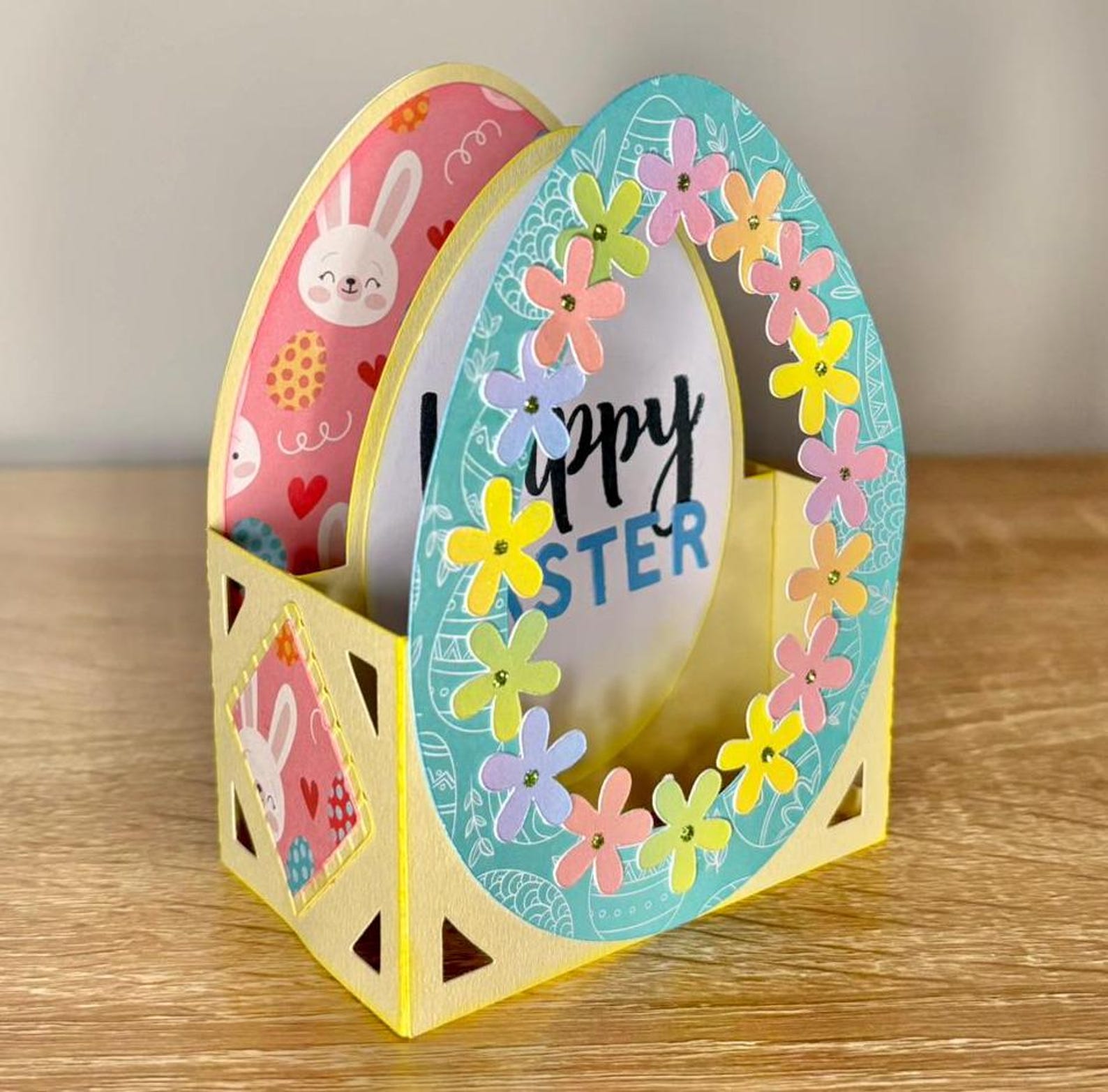 Easter Egg Pop up Card With Glittery Floral Wreath, Handmade Easter ...