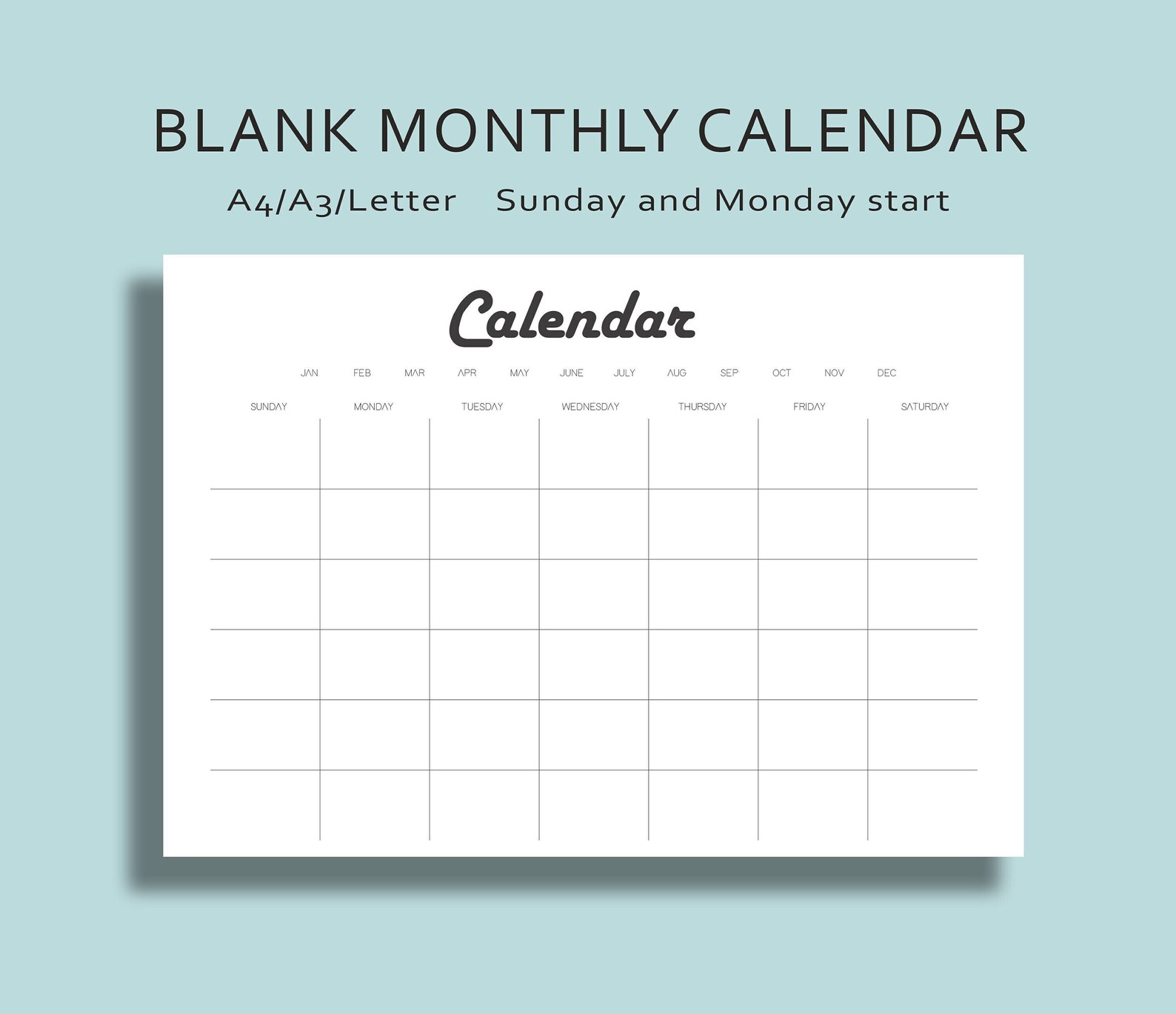 Blank Printable Calendar Landscape, Blank Minimalist Monthly Calendar ...