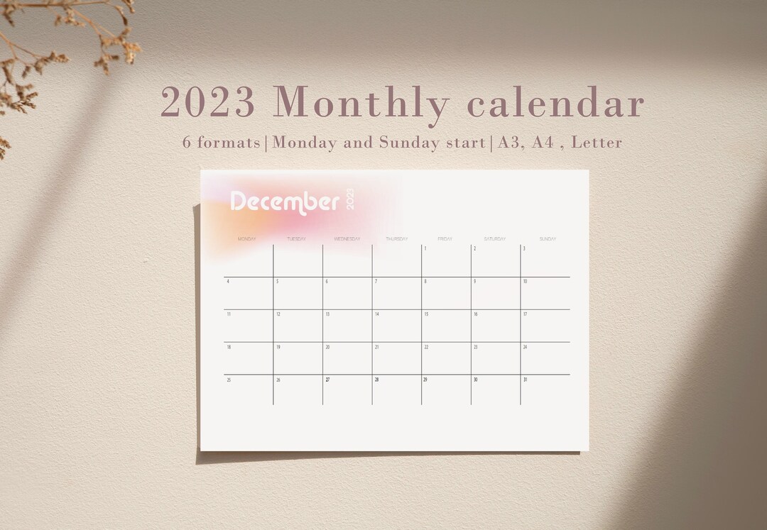 2023 Printable Calendar Landscape, Minimalist Monthly Calendar 2023, A4 ...
