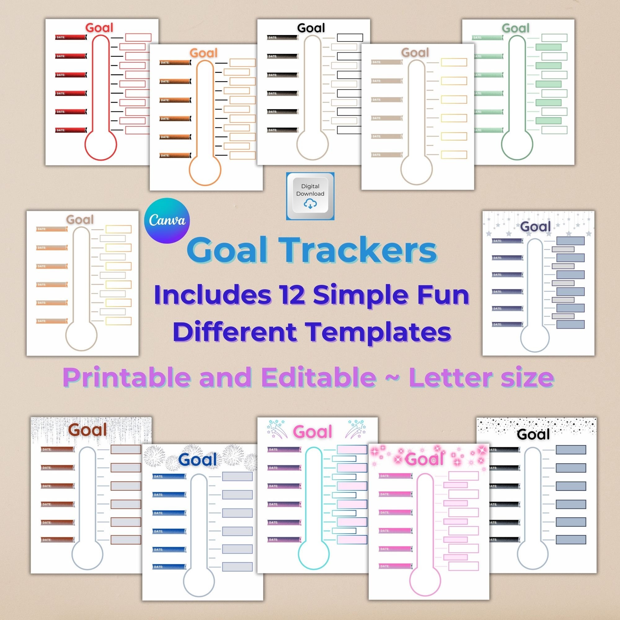 Goal Tracker Printable, Thermometer Goal Tracker, Editable Goal Tracker ...