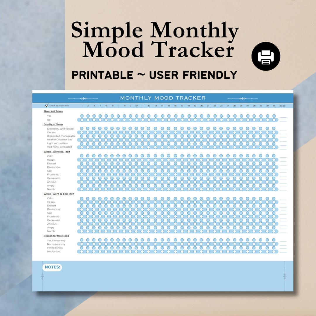 Printable Mood Tracker, Monthly Mood Tracker, Minimalist Design, Mood ...