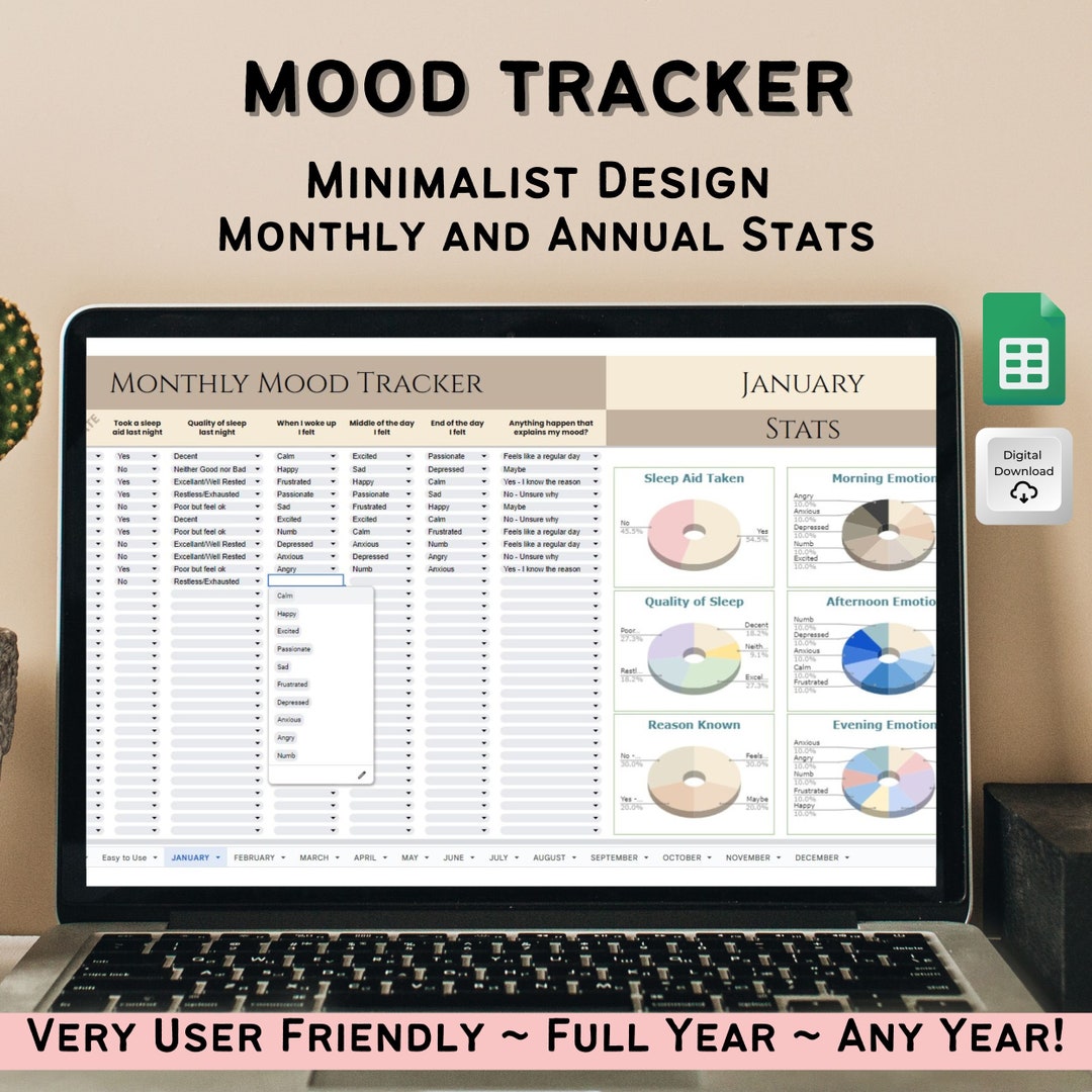 Google Sheets Mood Template, Mood Tracker Spreadsheet, Minimalist Design, Monthly Mood Tracker ...