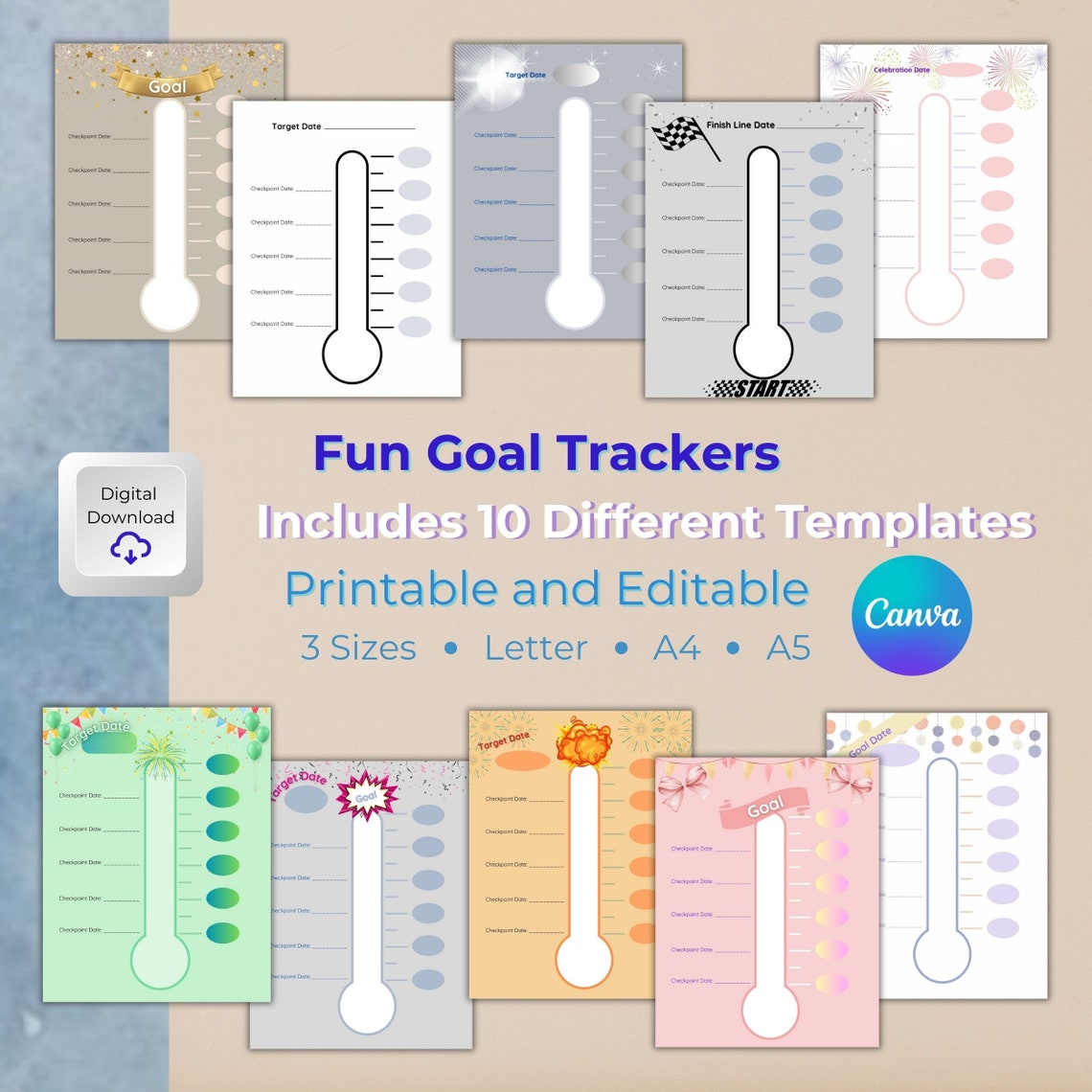 Goal Tracker Printable, Thermometer Goal Tracker, Editable Goal Tracker ...