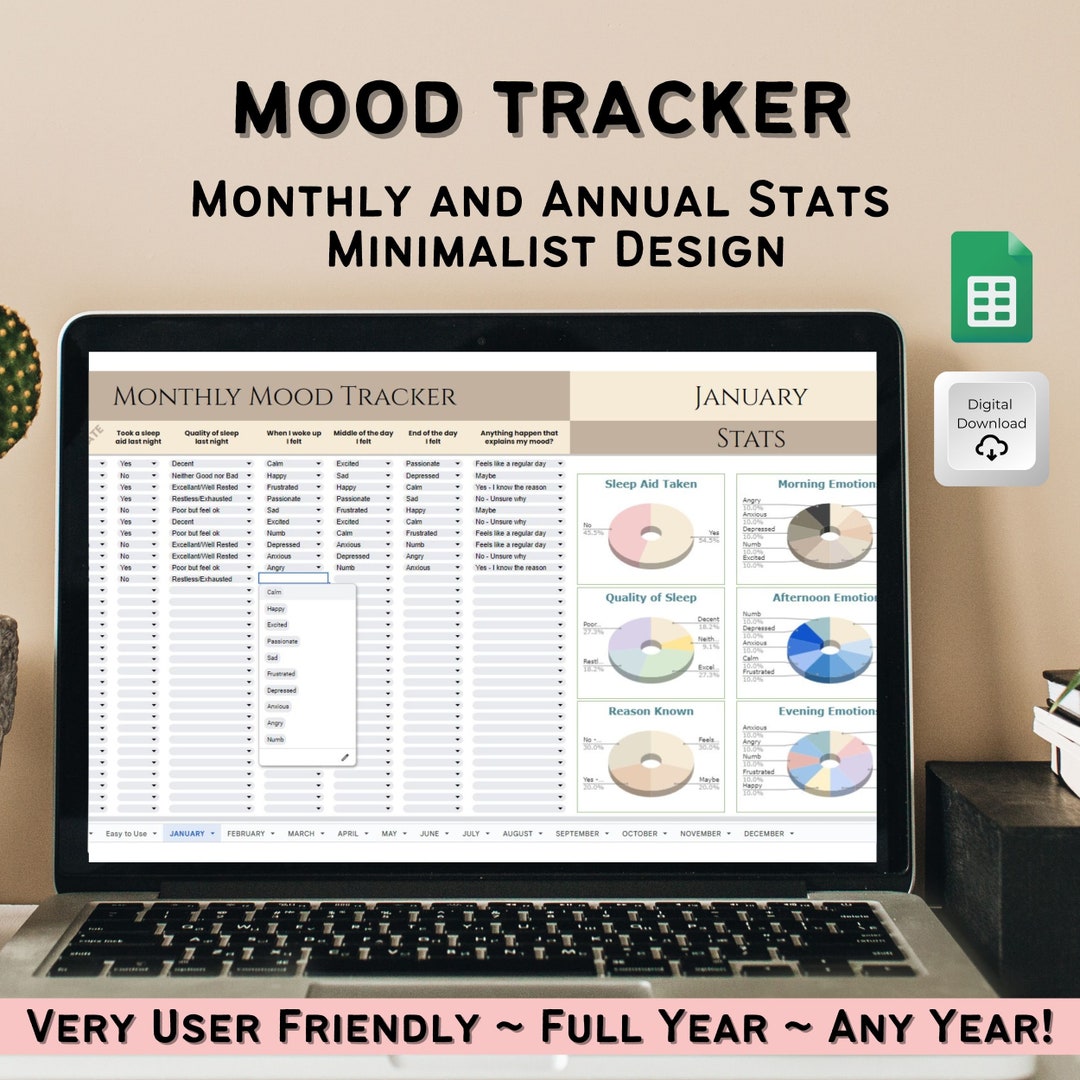 Google Sheets Mood Template, Mood Tracker Spreadsheet, Minimalist Design, Monthly Mood Tracker ...