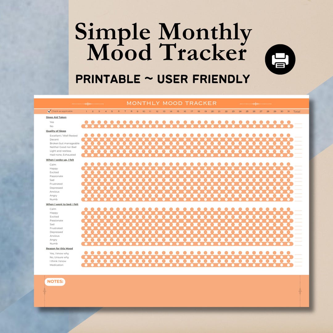 Printable Monthly Mood Chart, Monthly Mood Tracker, Minimalist Design ...