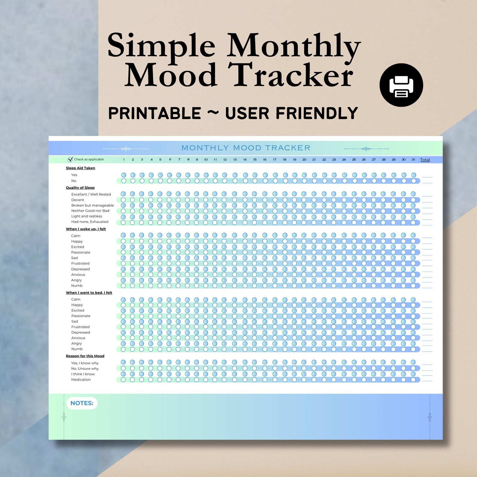 Simple Printable Mood Tracker, Monthly Mood Tracker, Minimalist Design ...