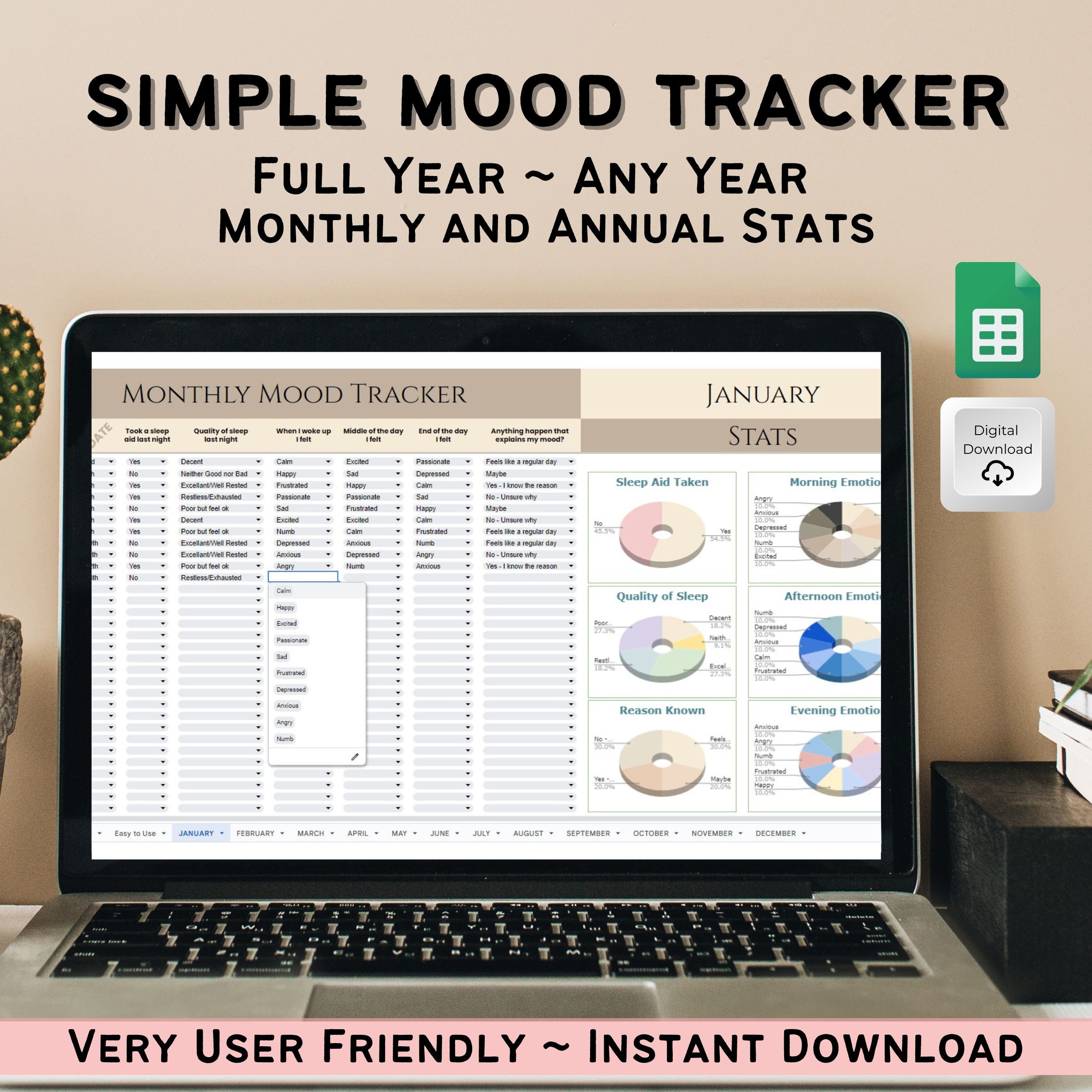 Digital Mood Tracker Google Sheets, Minimalist Design, Mood Tracker ...