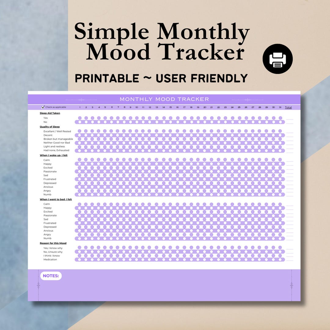 Simple Printable Mood Tracker, Monthly Mood Tracker, Minimalist Design ...