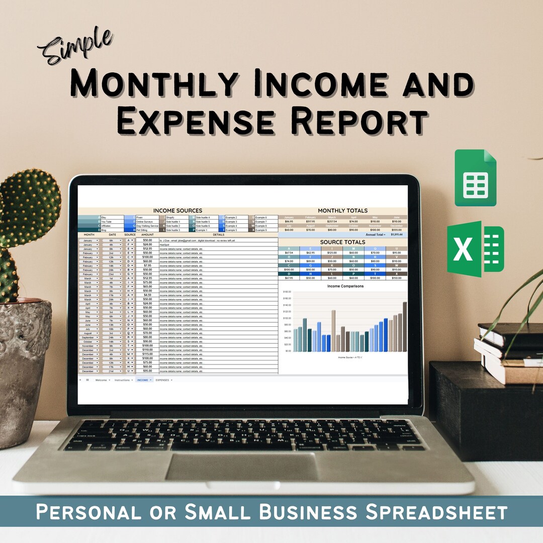 Monthly Income and Expense Small Business Tracker, Google Sheets Income ...