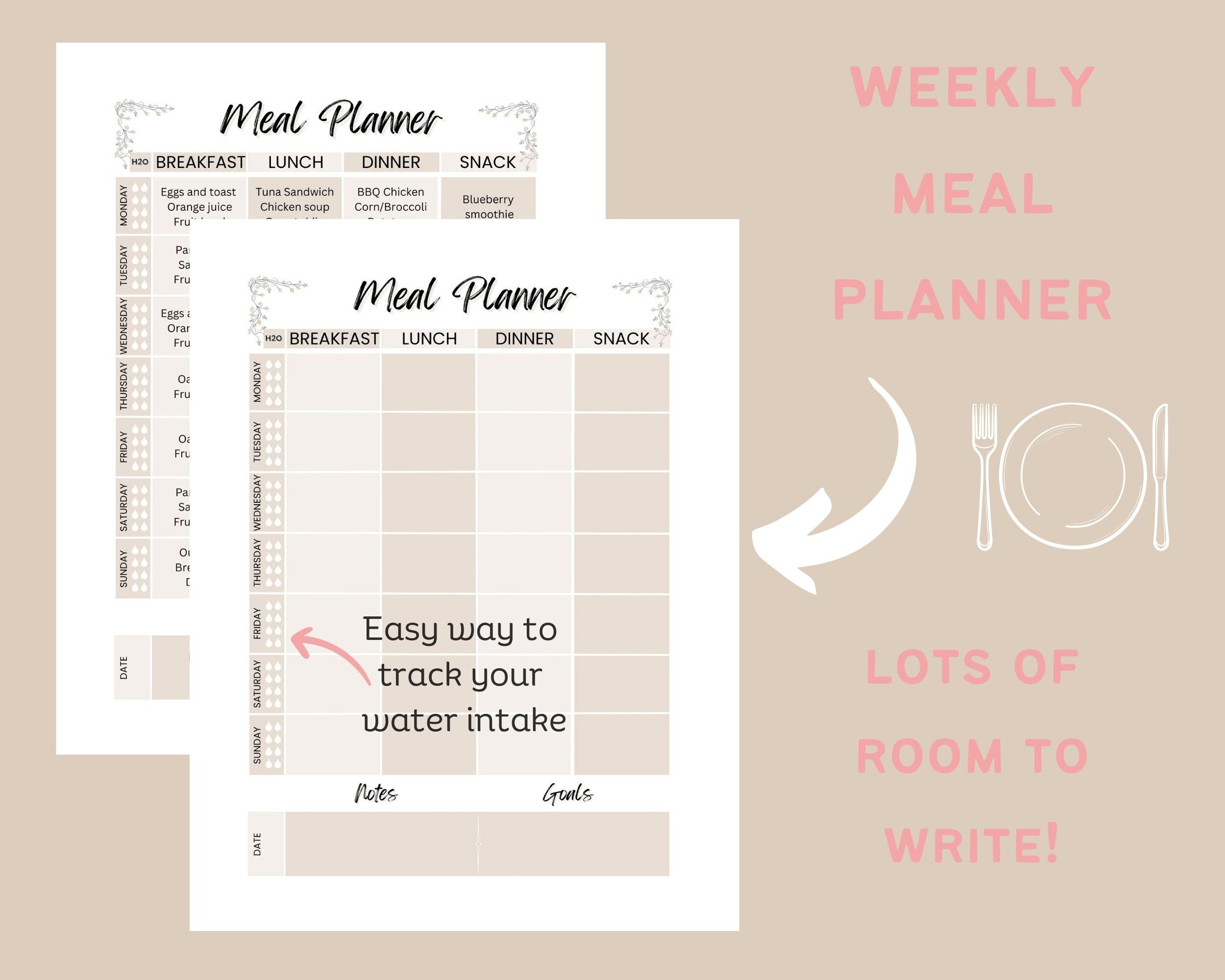 Printable Digital Weekly Meal Planner With Shopping List, Track Water ...
