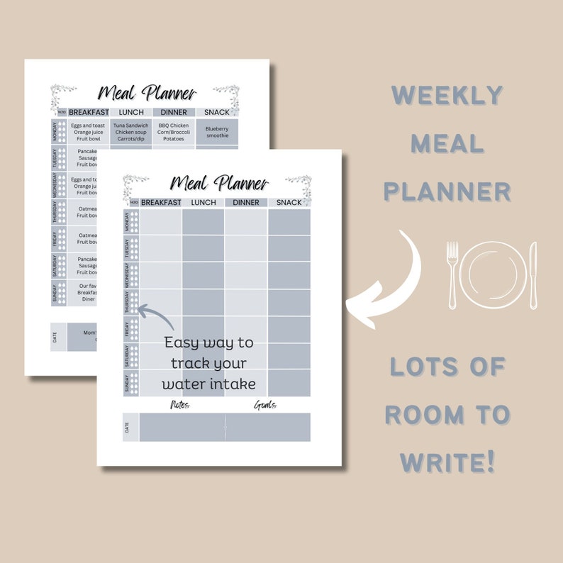 Printable Digital Weekly Meal Planner With Shopping List, Track Water ...