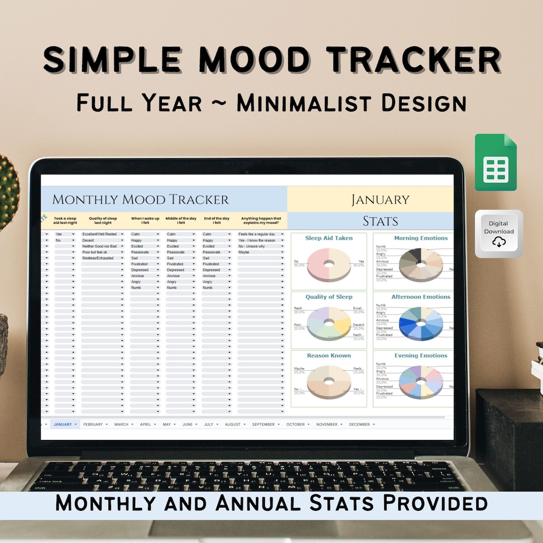 Digital Mood Tracker Google Sheets, Minimalist, Mood Tracker ...