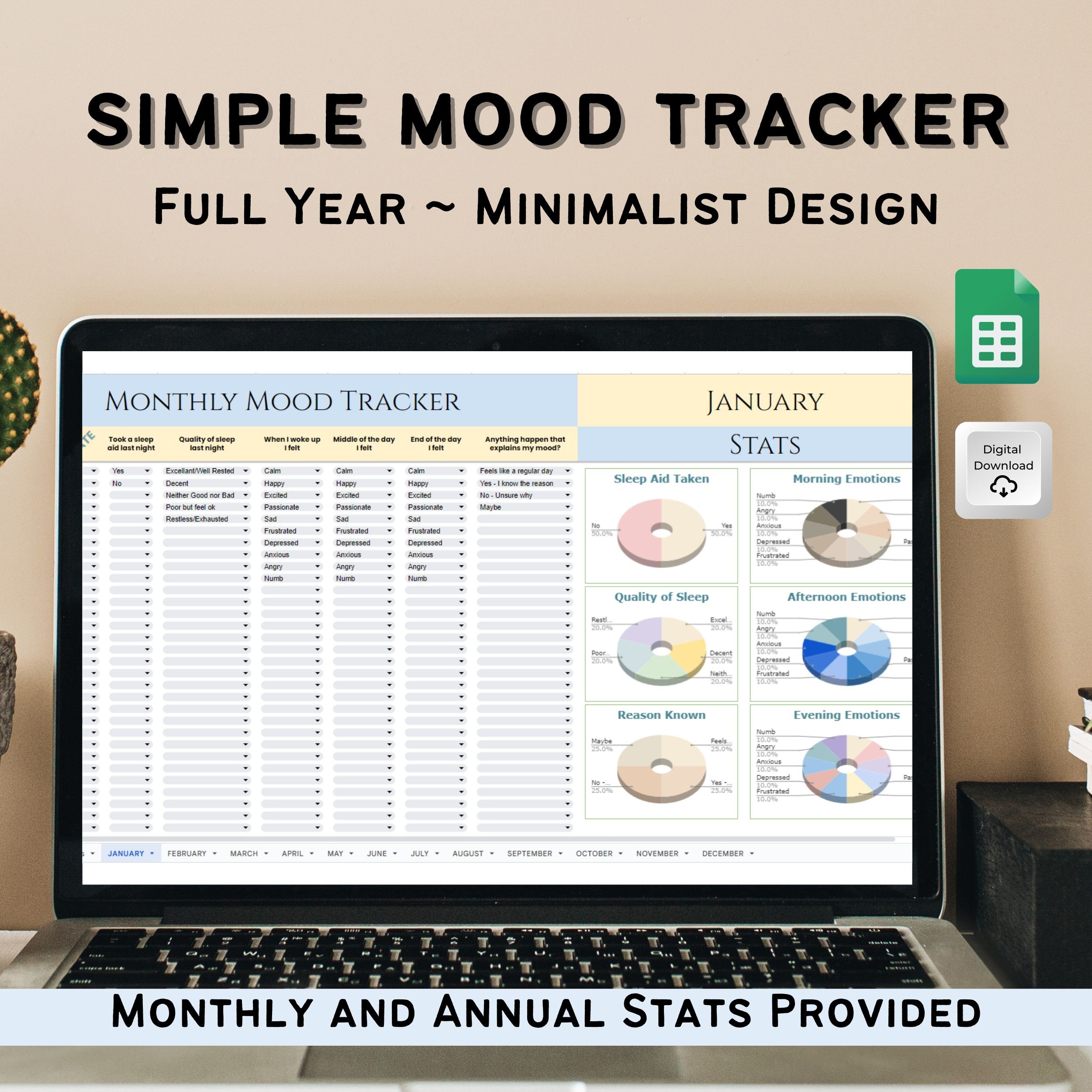 Digital Mood Tracker Google Sheets, Minimalist, Mood Tracker Spreadsheet, Mood Template, Mental ...