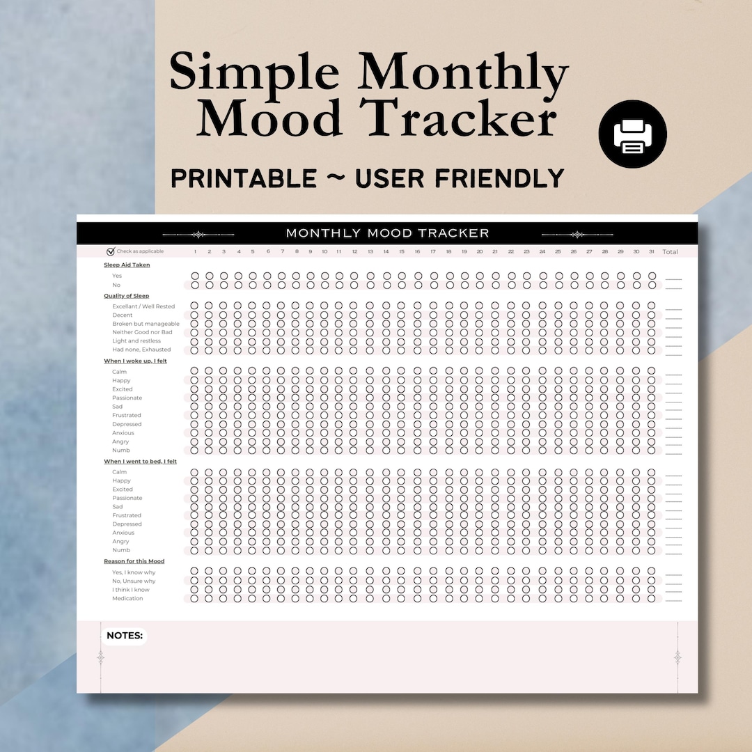 Printable Monthly Mood Chart, Monthly Mood Tracker, Minimalist Design ...