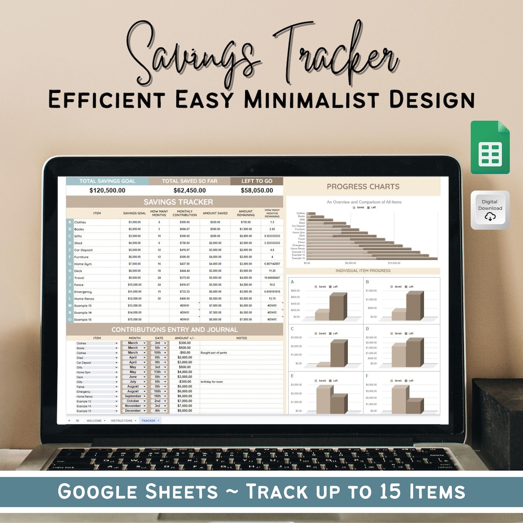 Savings Google Sheets Tracker Template | Digital Money Saving Chart ...
