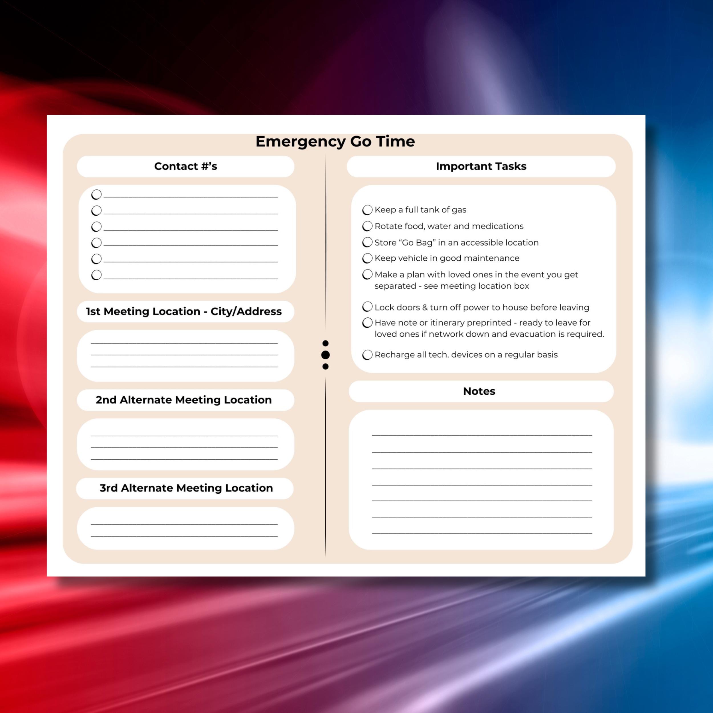 Printable Emergency Evacuation Planner, Go Bag, Action Plan, Printable ...