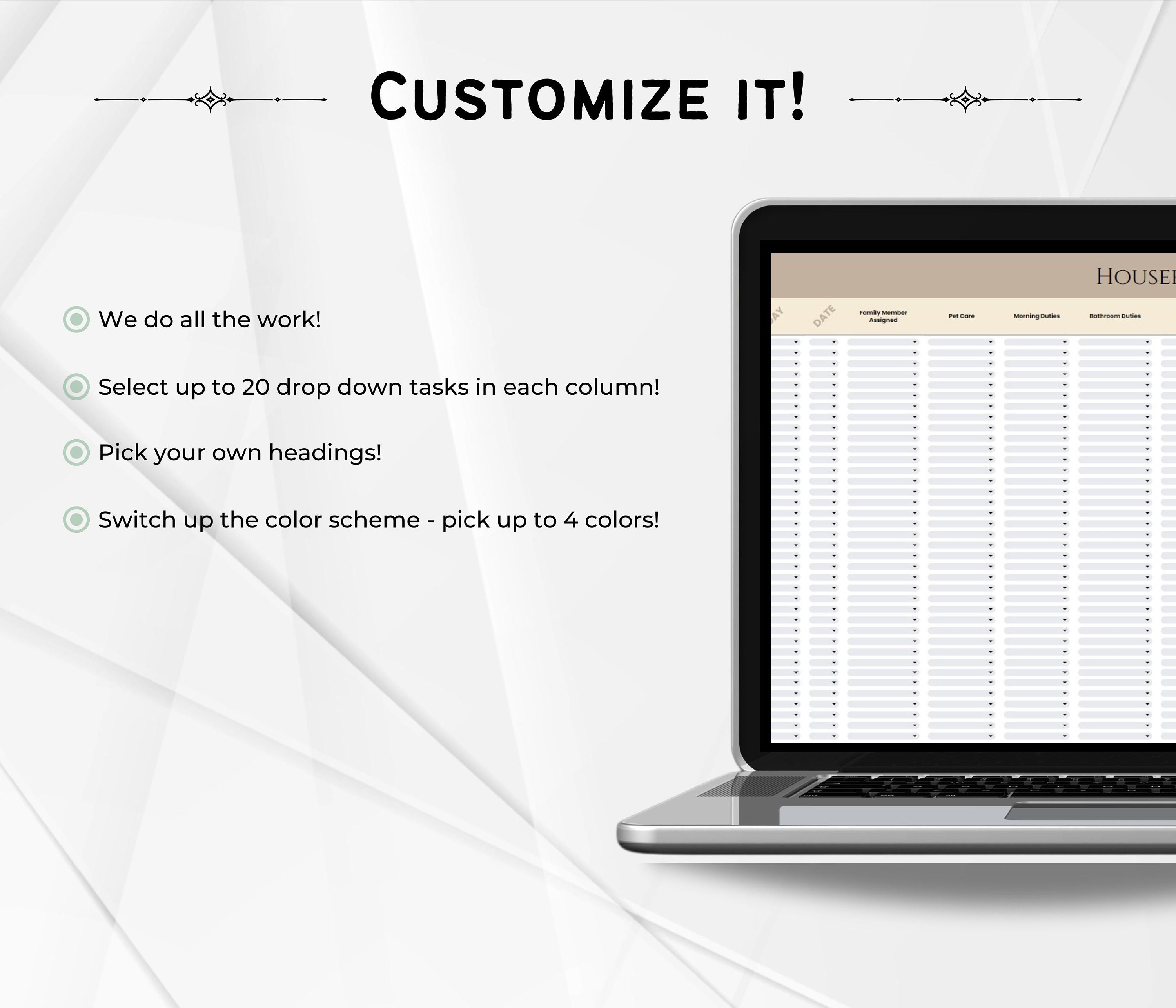 Custom Designed Chore Chart, Task Manager Spreadsheet, Family Chore Chart Printable, Kids Chore ...