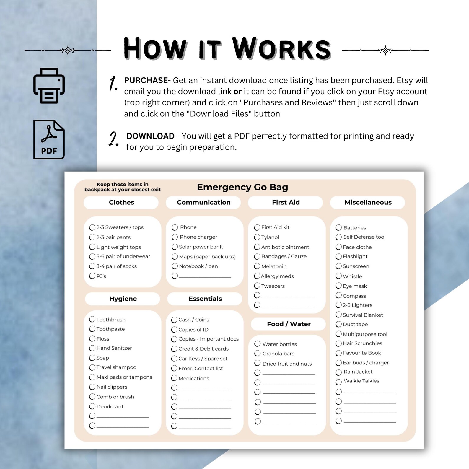 Printable Emergency Evacuation Planner, Go Bag, Action Plan, Printable ...