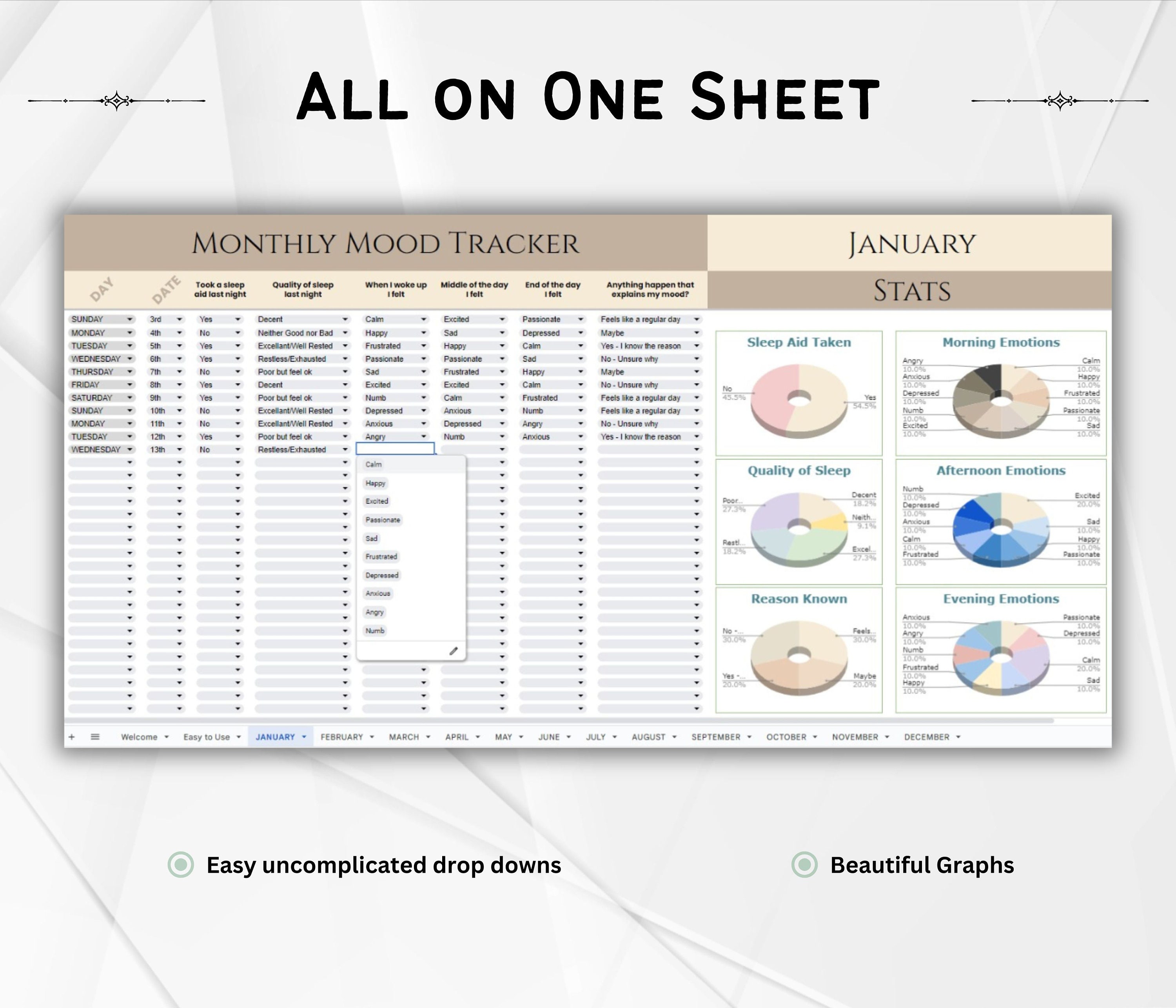 Google Sheets Mood Template, Mood Tracker Spreadsheet, Minimalist Design, Monthly Mood Tracker ...