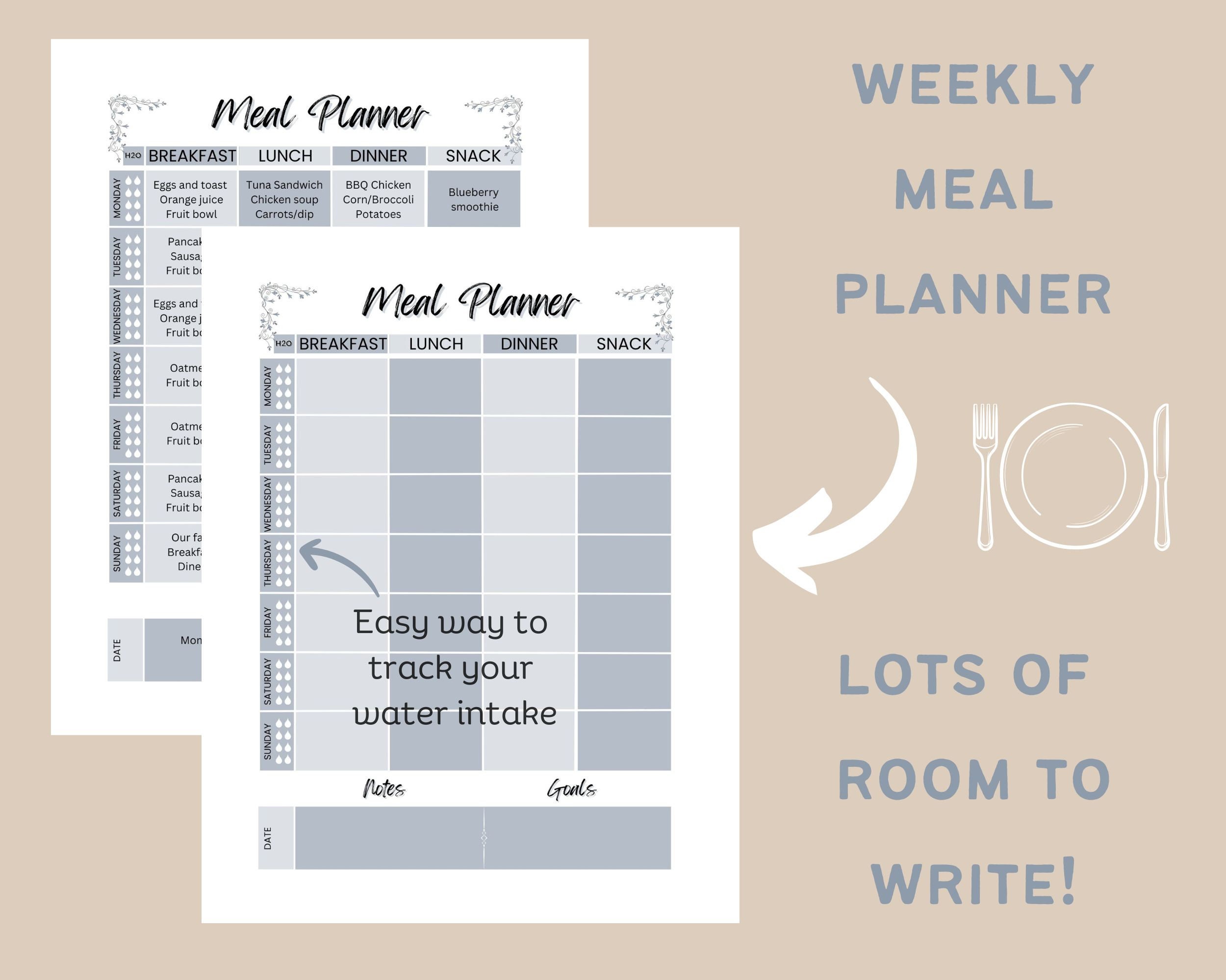 Printable Digital Weekly Meal Planner With Shopping List, Track Water ...