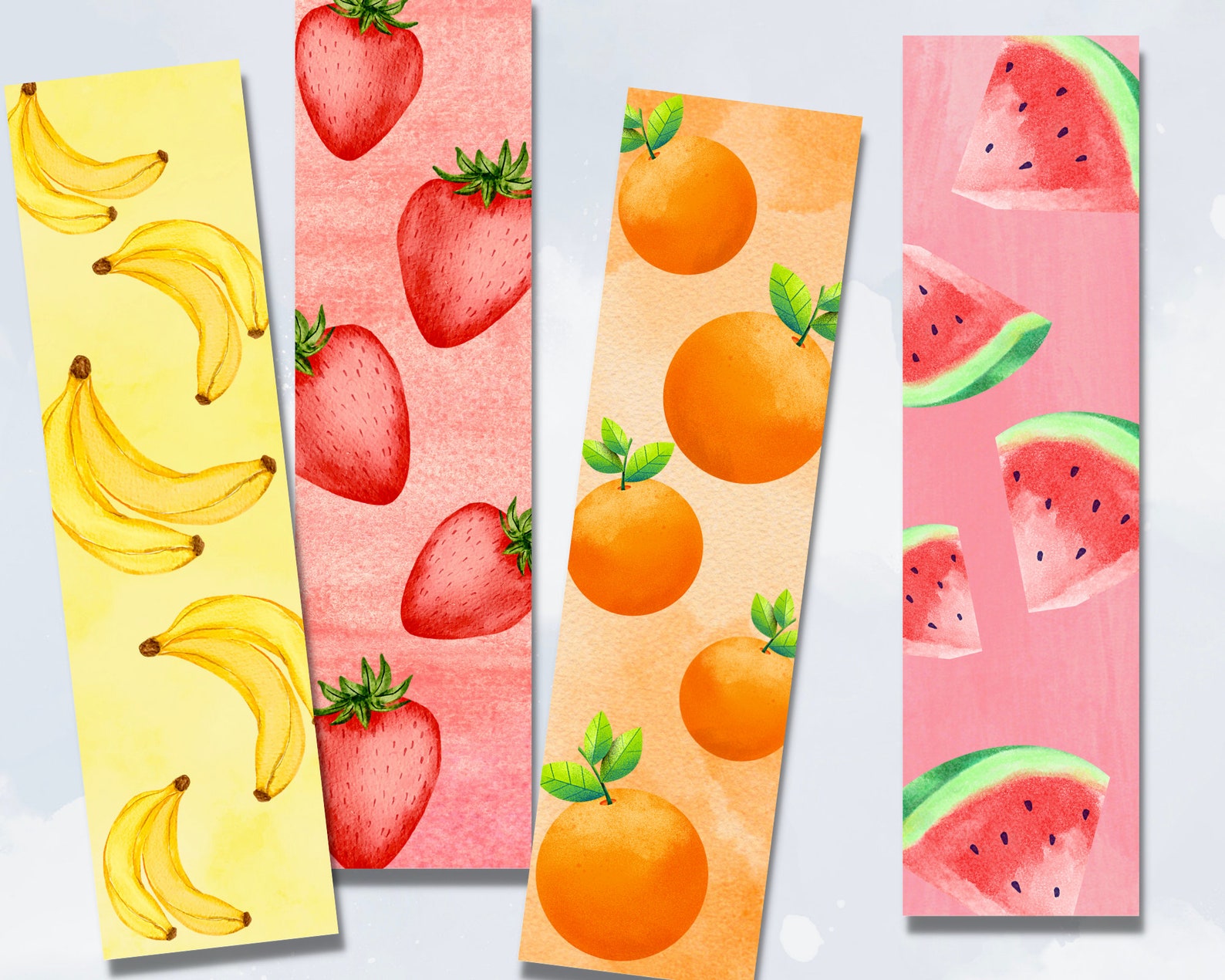 Watercolor Fruit Printable Bookmarks Set of 4: Strawberries, Bananas ...