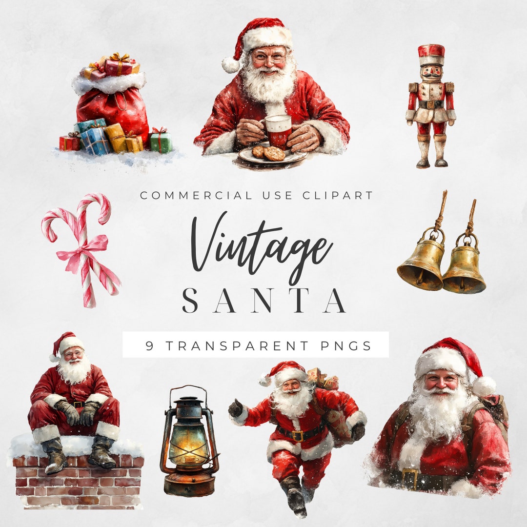 Vintage Santa Clipart Pack | Christmas Santa PNG | Watercolor Christmas ...