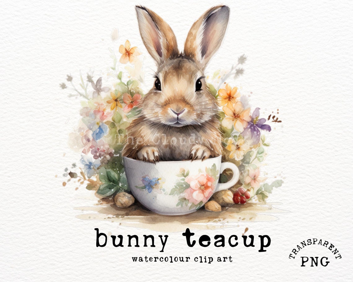 Bunny Rabbit Teacup Png Nursery Clipart Watercolor Rabbit - Etsy