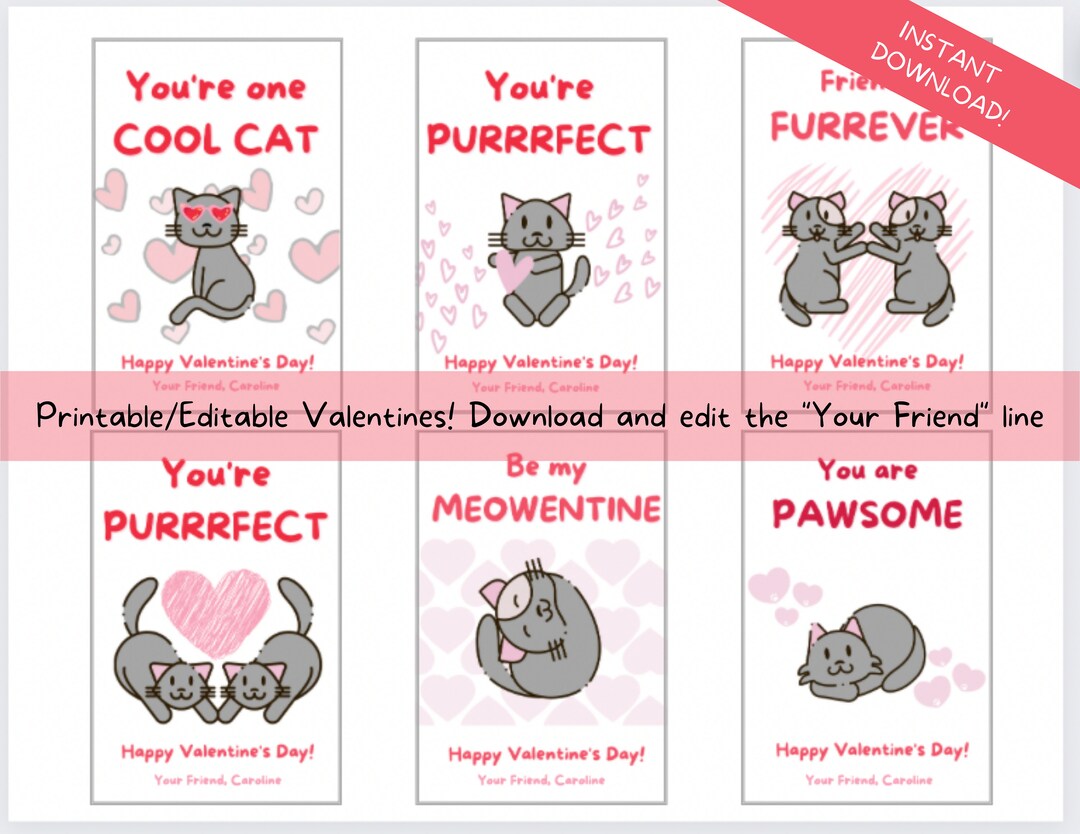 EDITABLE Cat Valentine Cards, Cat Valentine Cards, School Valentine ...