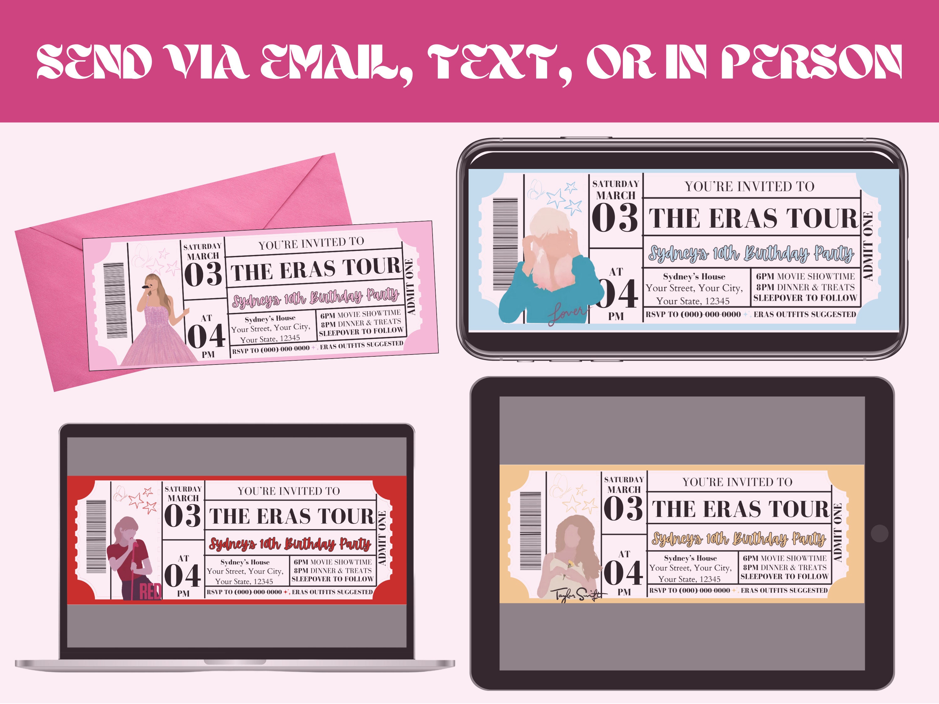 Eras Birthday Invitation, Eras Tour Movie Ticket Invite, Taylor Party ...