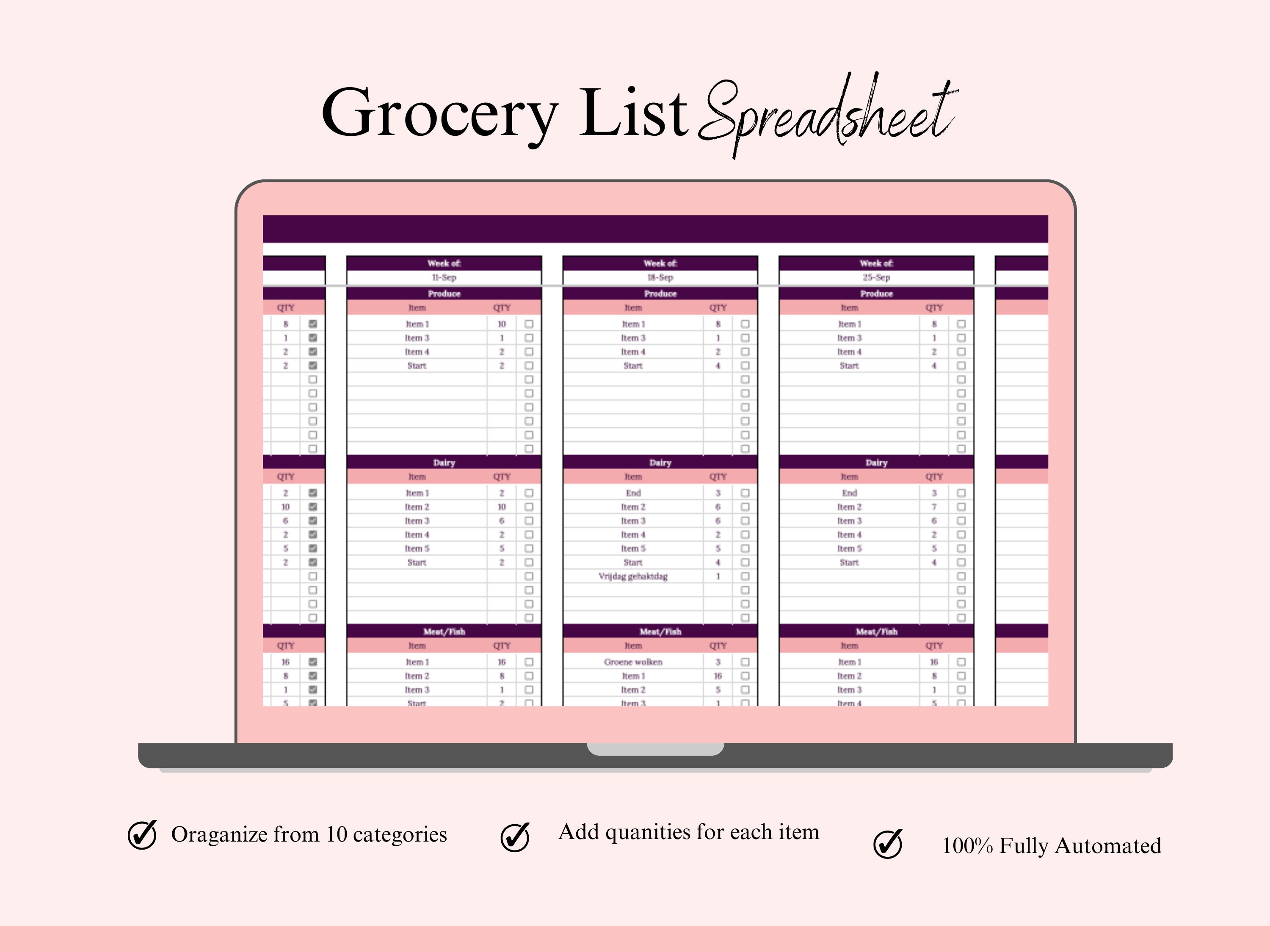 Meal Planner and Automated Grocery List Google Sheets Meal Planner ...