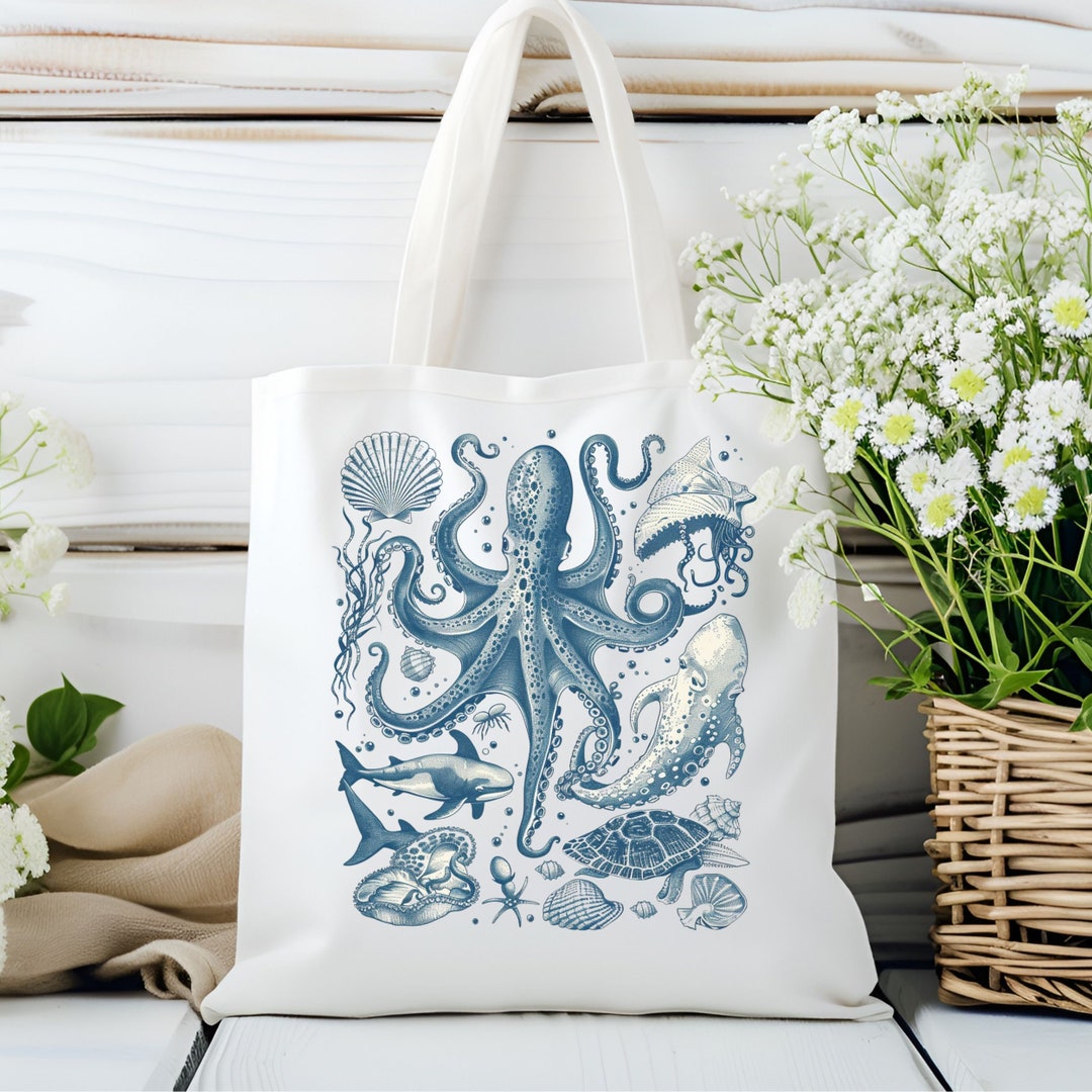 Vintage Ocean Life Tote Bag Retro Marine Creatures Design, Eco-friendly ...