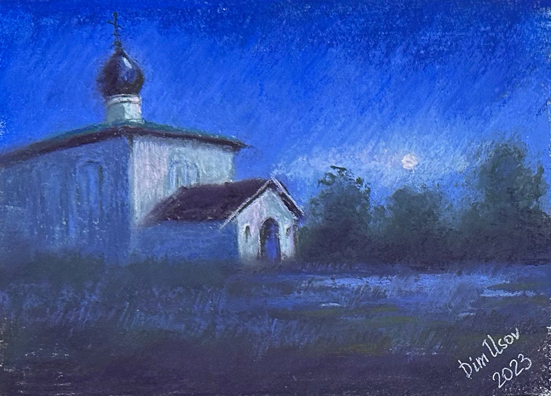 The Night Landscape With a Church Original Pastel Painting 4.5x7 - Etsy