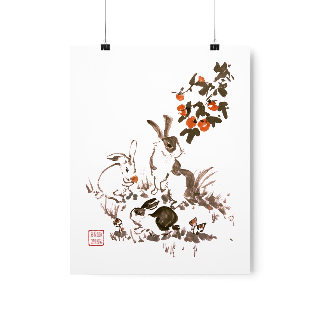 Rabbits Watercolor Chinese Painting Sumi-e Art Print - Etsy