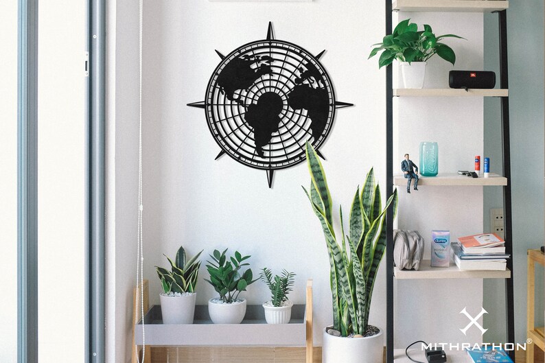 Metal Compass and World Map Wall Decor - Modern Metal Wall Art for Home ...