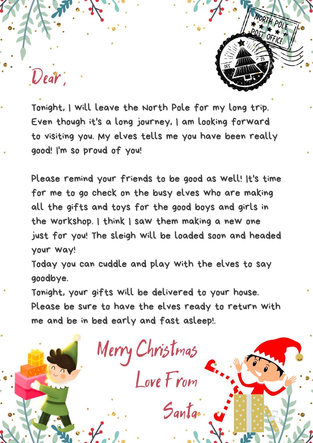 Elf Goodbye Letter From Santa Editable Printable Canva - Etsy