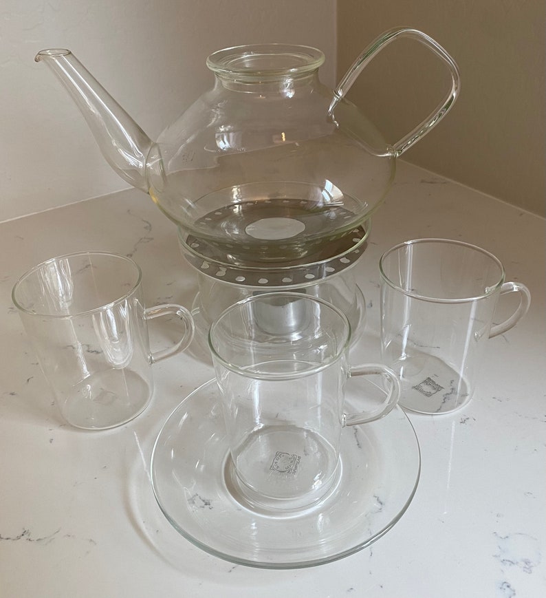 Vintage Schott Mainz Jena Glass Tea Pot Cup Saucer Warmer Mid Century ...