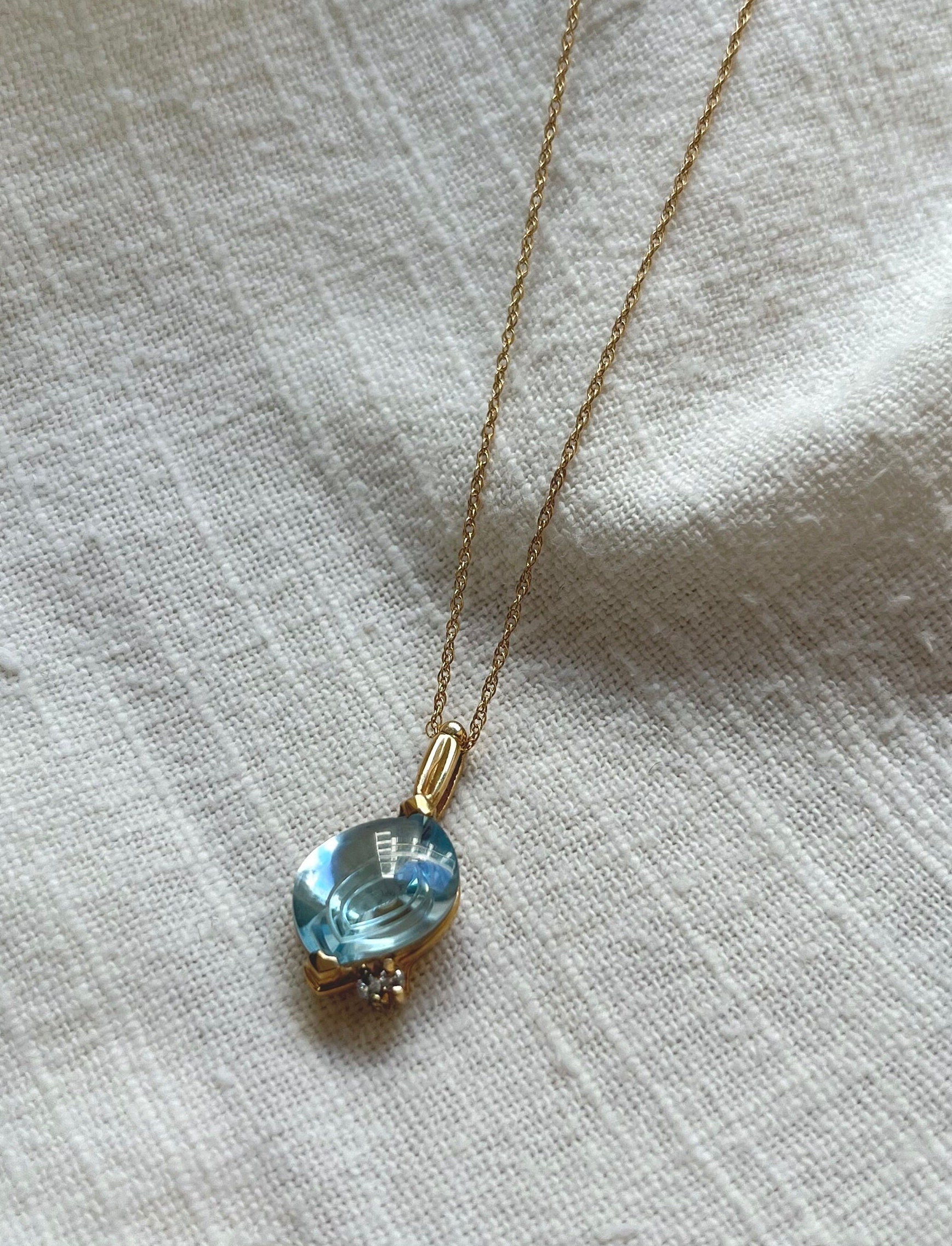 14 Karat Gold - Blue Topaz and Diamond Pendant - 1990s Vintage - Etsy