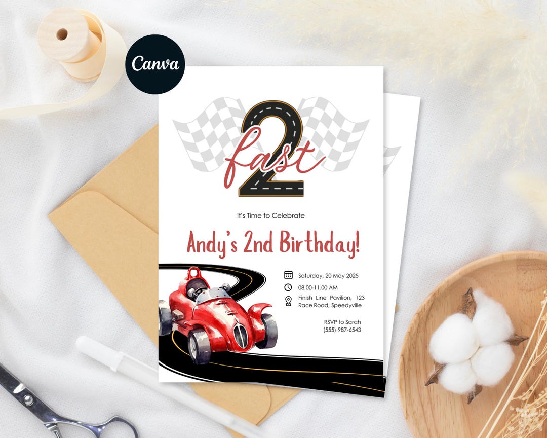 Two Fast Birthday Invitation Card Template, Racecar 2 Fast Second ...