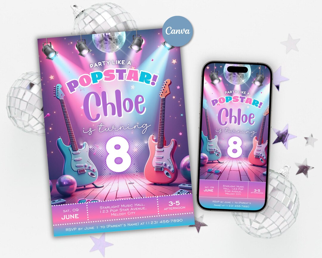 Party Like A Popstar Birthday Party Invitation Template, Pop Star ...