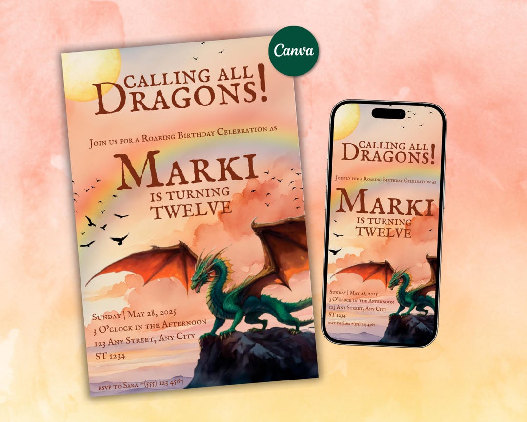 Dragon Theme Birthday Party Invitation Card Template, Dragon Birthday ...