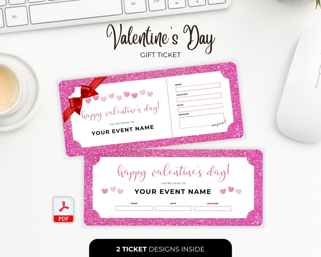 Pink Glitter Valentine's Day Gift Ticket Template, Valentine Coupon ...