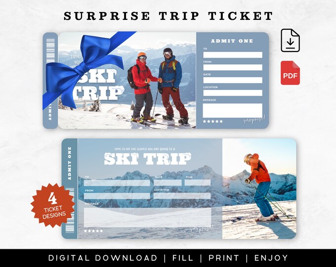 Printable Kids SKIING Surprise Reveal Ticket, Gift Voucher, Editable ...