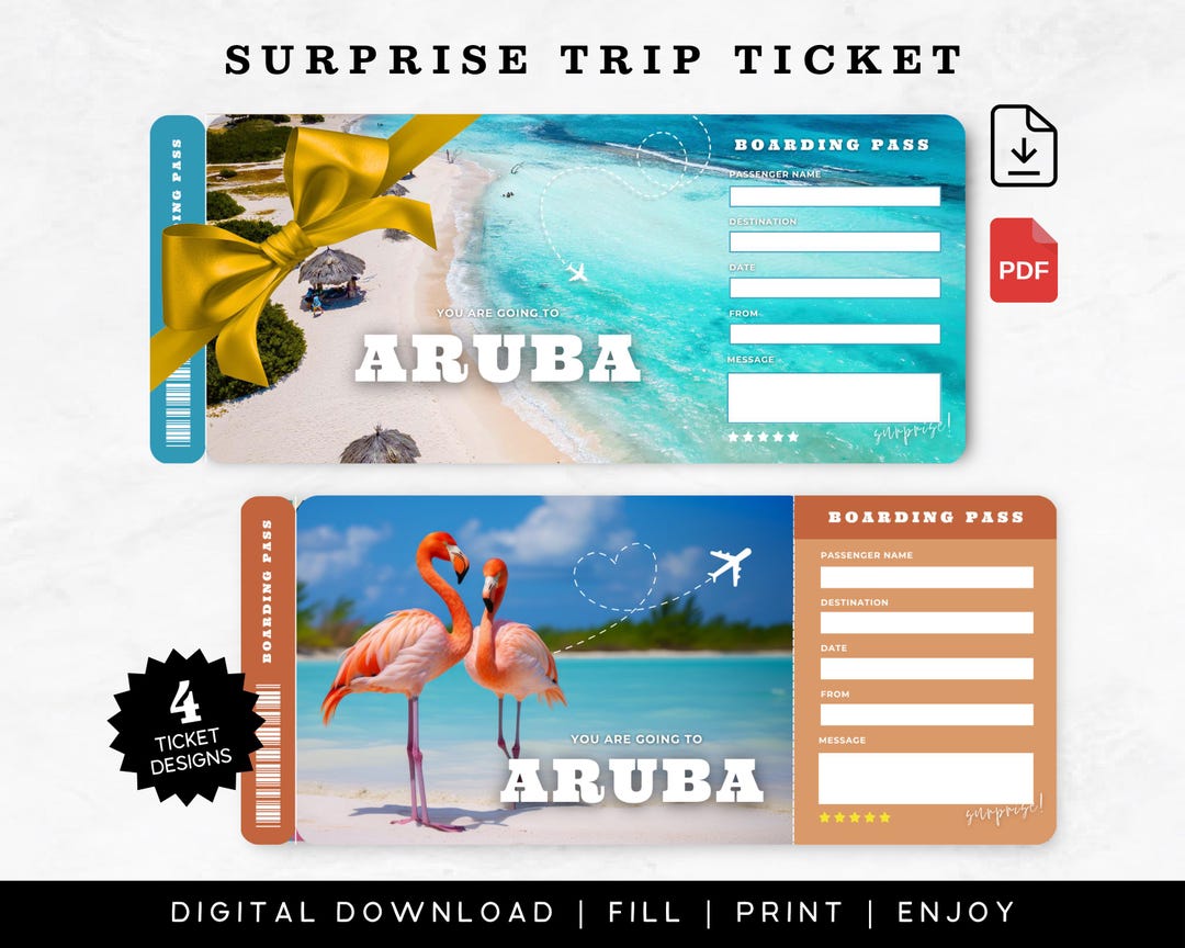 Printable Aruba Surprise Trip Gift Ticket, Printable Aruba Boarding ...