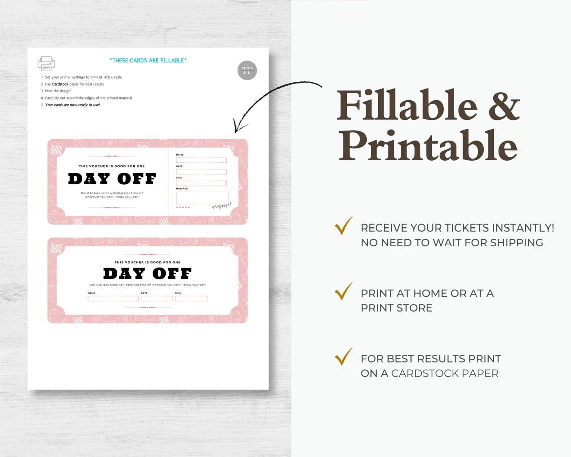 Printable DAY OFF Coupon Certificate, Editable Voucher Personalized ...