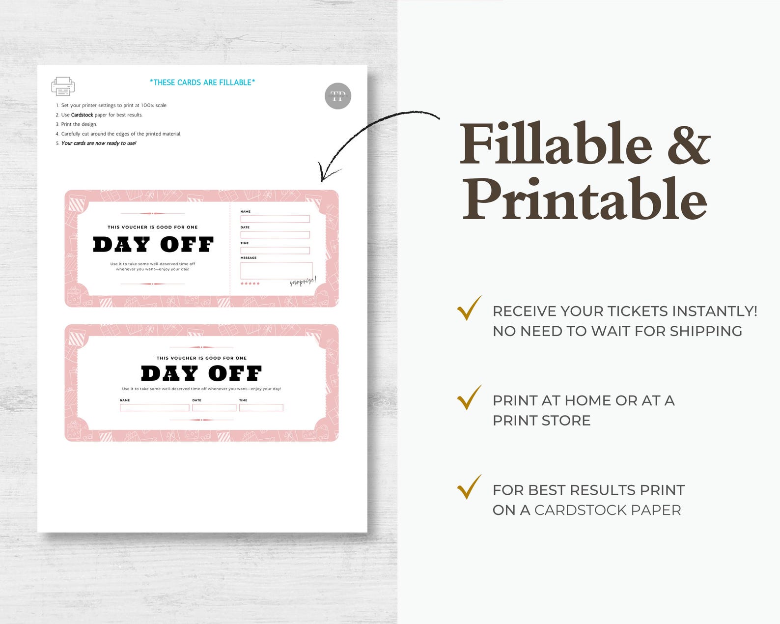 Printable DAY OFF Coupon Certificate, Editable Voucher Personalized ...